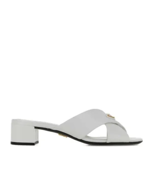 Prada Logo Crisscross Strap Block Heel Sandals