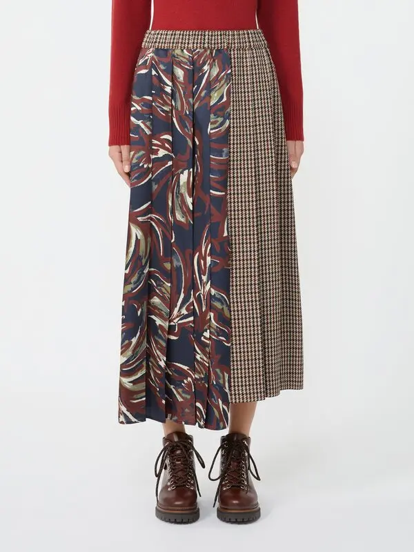 Max Mara Houndstooth Wool Pleated Skirt With Printed Twill Details