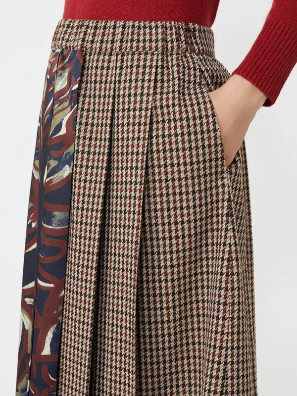 Max Mara Houndstooth Wool Pleated Skirt With Printed Twill Details