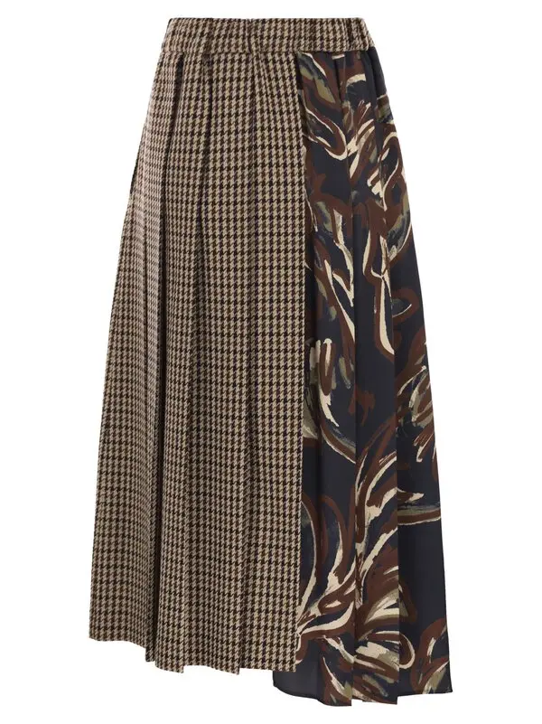 Max Mara Houndstooth Wool Pleated Skirt With Printed Twill Details