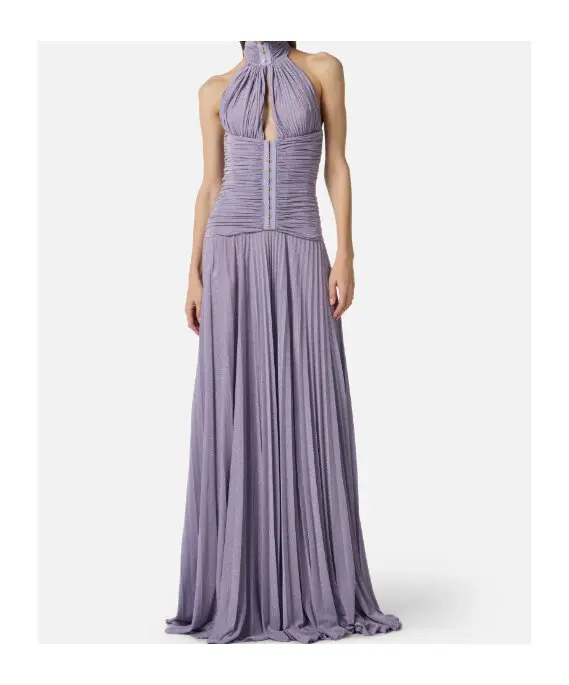 elisabetta franchi halterneck dress in jersey Elisabetta Franchi Lamé-Effect Jersey Halterneck Maxi Dress - Lavender