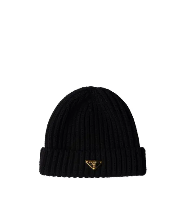 Prada Ribbed Beanie With Triangle Logo - Black