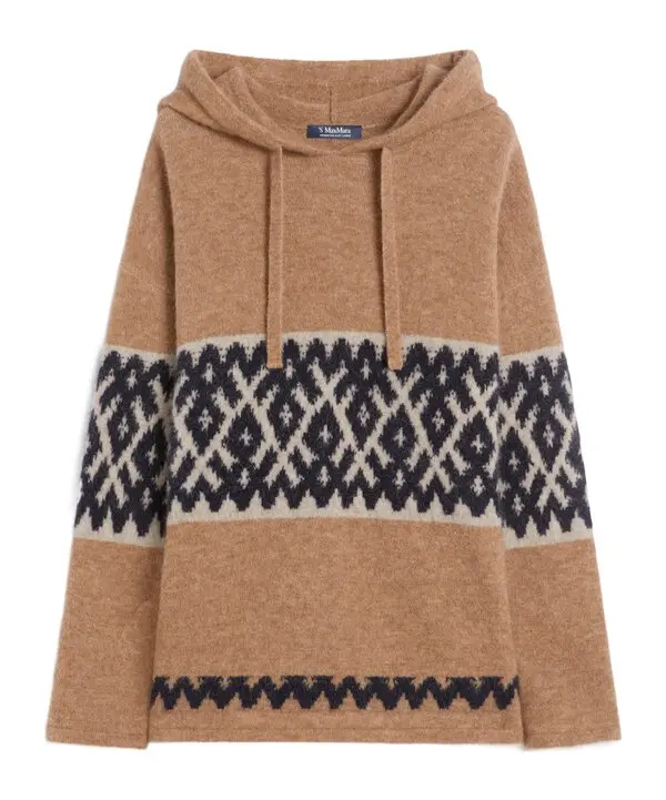 Max Mara Knitted Drawstring Hoodie With Geometric Jacquard Detailing - Camel