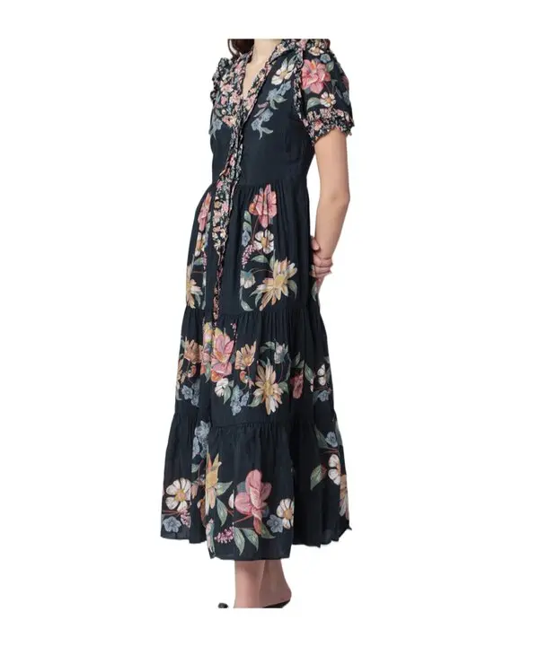 Farm Rio Midi Dress With Floral Print And Tiered Hem - Black