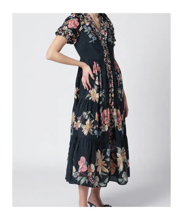 Farm Rio Midi Dress With Floral Print And Tiered Hem - Black