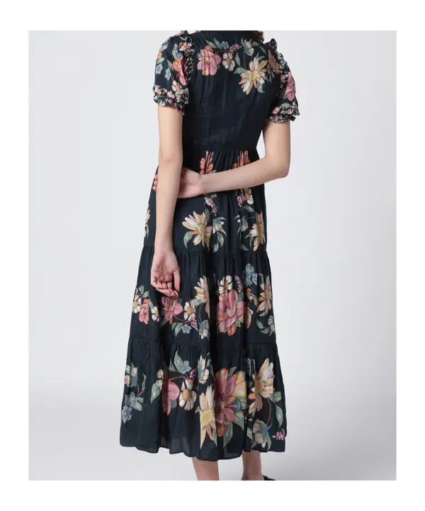 Farm Rio Midi Dress With Floral Print And Tiered Hem - Black