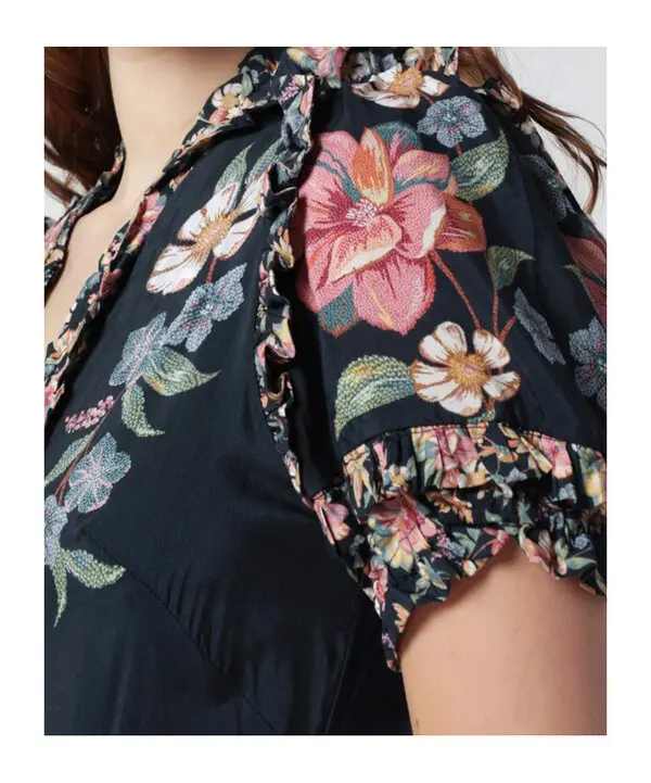Farm Rio Midi Dress With Floral Print And Tiered Hem - Black