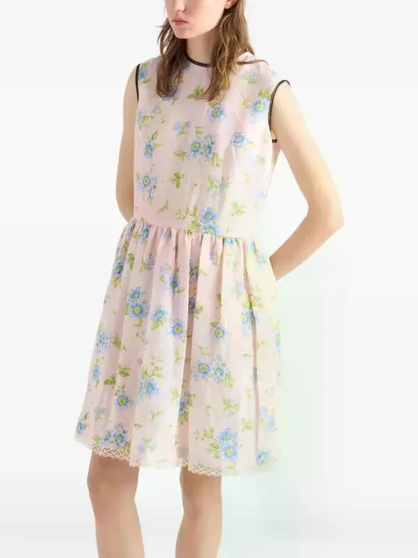 Prada Pleated Floral-print Linen Dress - Pink