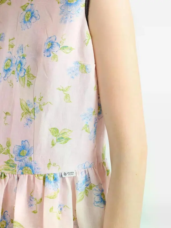 Prada Pleated Floral-print Linen Dress - Pink