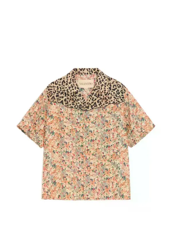 Valentino Garavani Bowling Shirt In Silk Poplin With Fauve Eclat Animalier And Papier Floral Prints - Neutrals