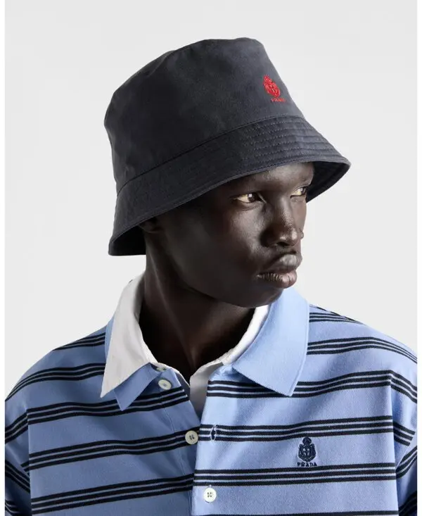 Prada Embroidered Logo Gabardine Bucket Hat - Blue