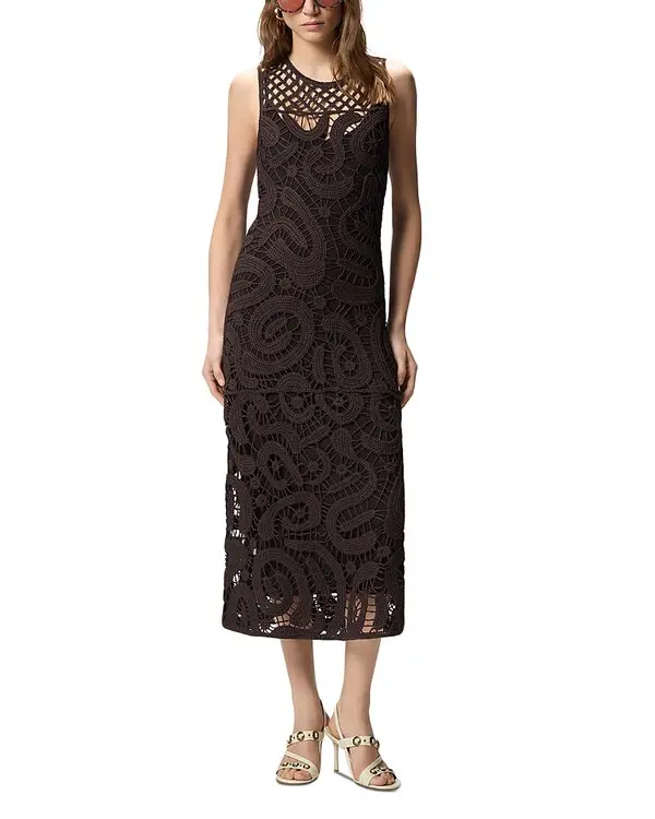 Pinko Bufera Geometric Crochet Midi Dress - Java Brown