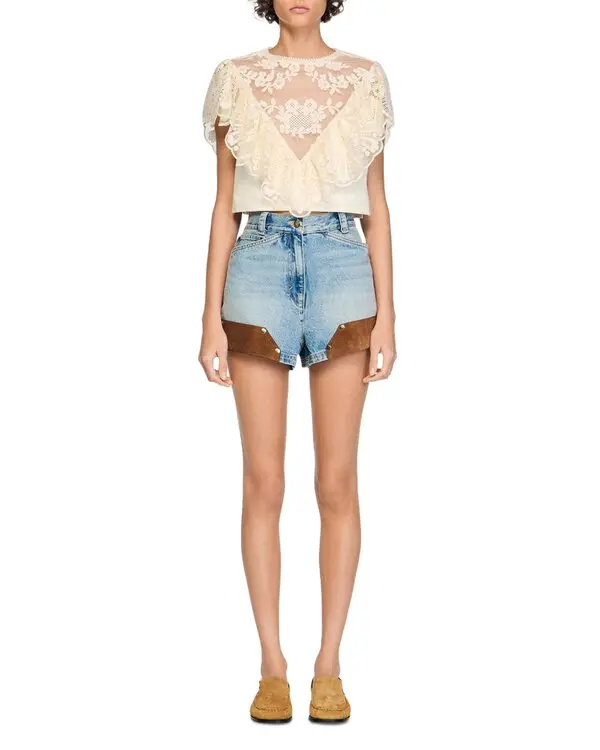Sandro Floral Guipure Lace Cropped Top