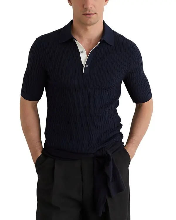 REISS Era Short Sleeve Textured Sweater Polo - Navy