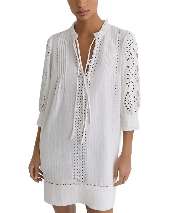 REISS Gia Cheesecloth Resort Dress With Eyelet Detailing - Ivory