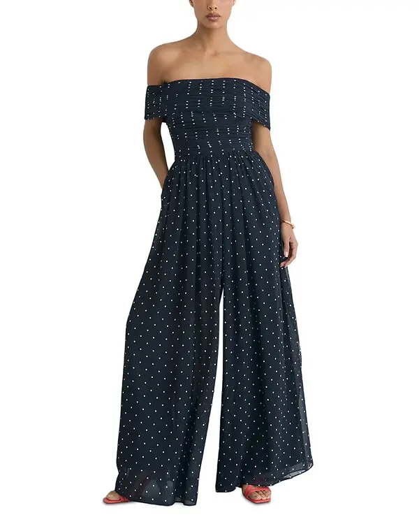 REISS Margo Off-the-shoulder Polka Dot Jumpsuit - Navy/ivory