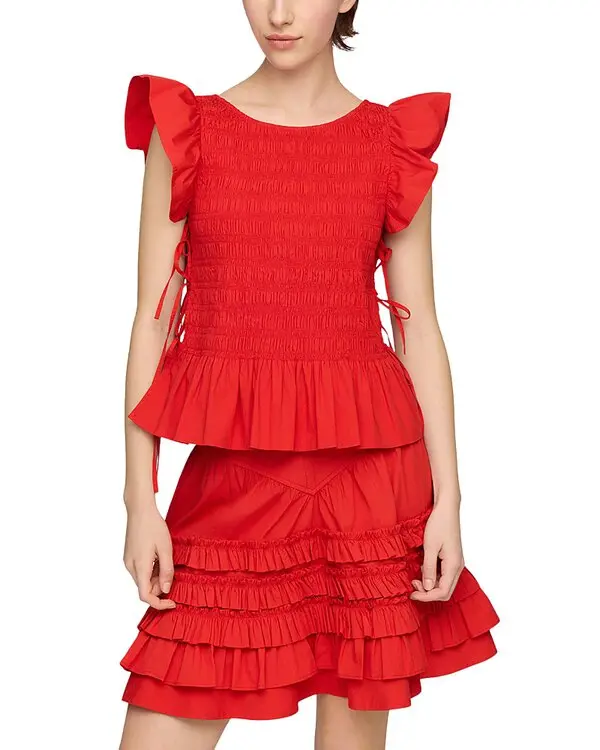 GANNI Stretch Cotton Smocked Top - Goji Berry