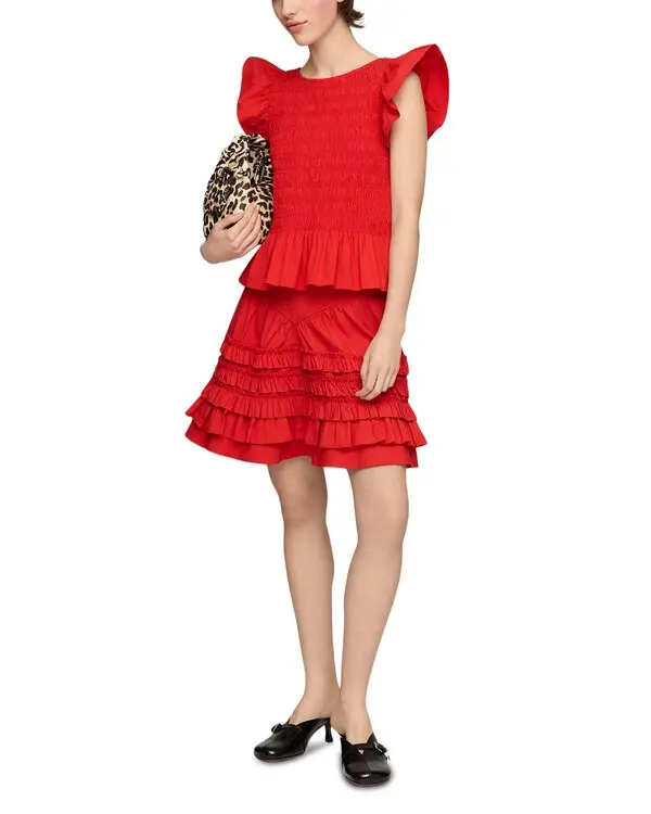 GANNI Stretch Cotton Smocked Top - Goji Berry