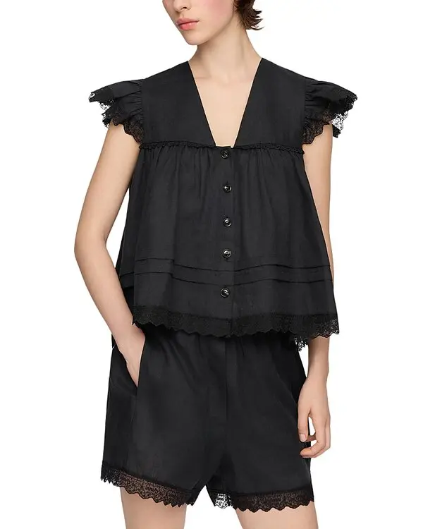 GANNI Linen Lace Trim Blouse - Black