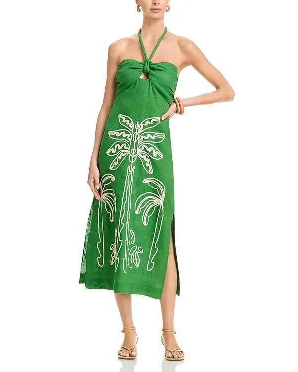 Farm Rio Linen Embroidered Halter Dress - Green