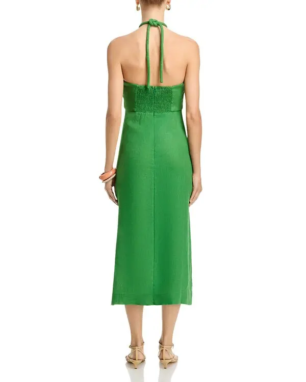 Farm Rio Linen Palm Tree Embroidered Halterneck Dress