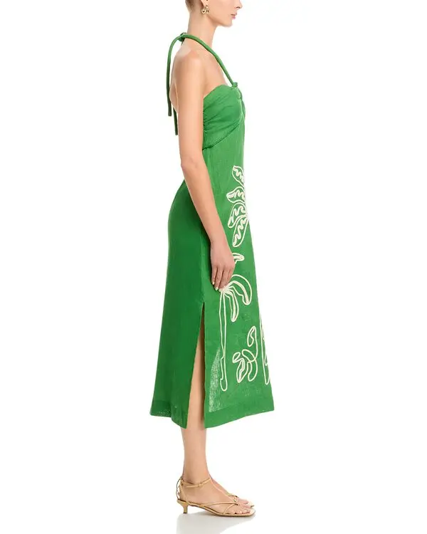 Farm Rio Linen Palm Tree Embroidered Halterneck Dress