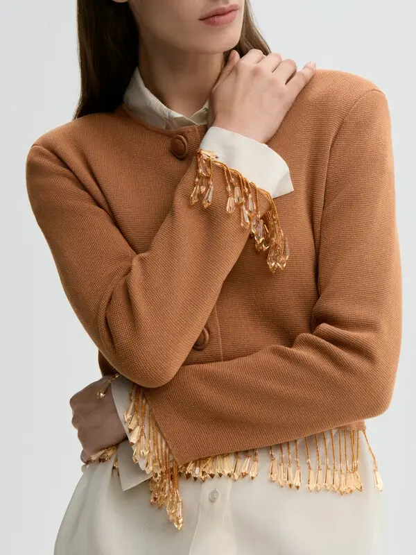 BY MALENE BIRGER Shelly Beaded Tasseled Cardigan - Latte Brown