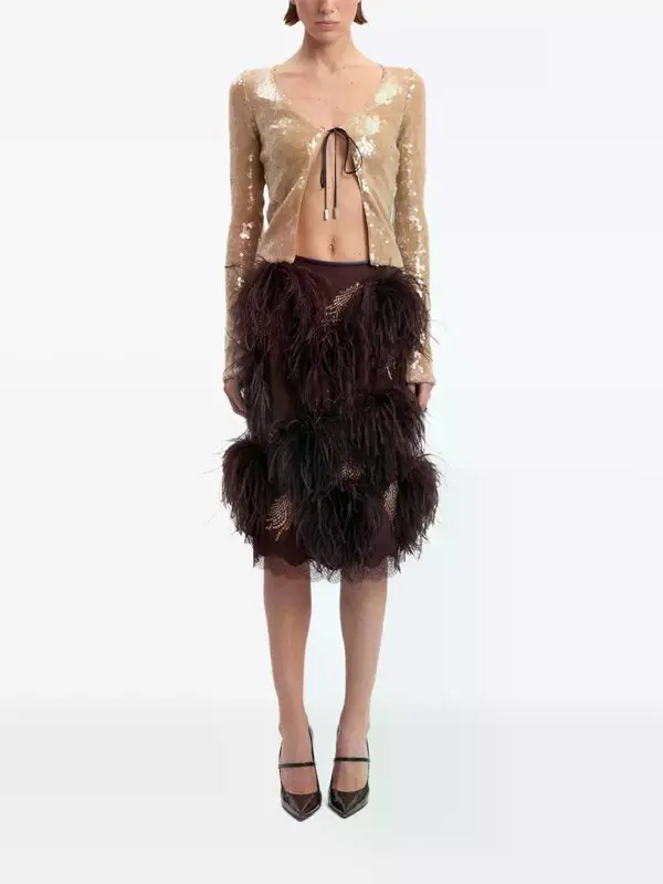 16Arlington Arno Feather-trim Sequin-embellished Midi Skirt - Brown