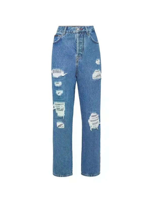 Philipp Plein Distressed Crystal-embellished Jeans - Blue