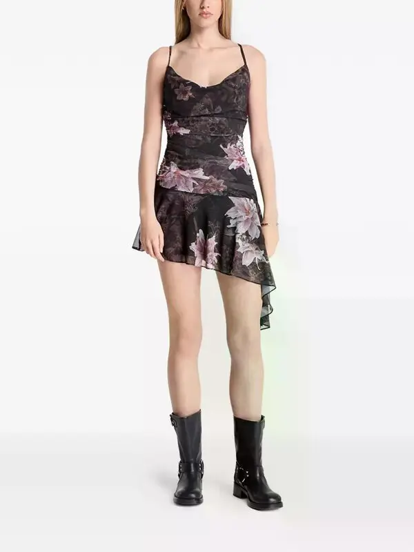 ALLSAINTS Floral Print Asymmetric Ruched Dress - Black