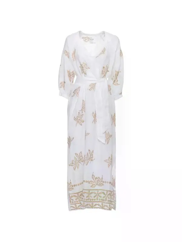 120% Lino Floral Embroidered Midi Dress - White
