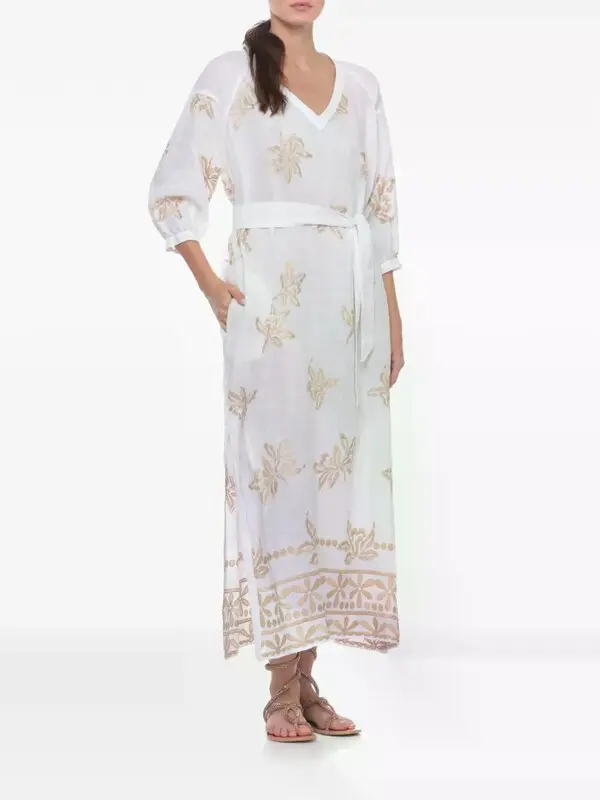 120% Lino Floral Embroidered Midi Dress