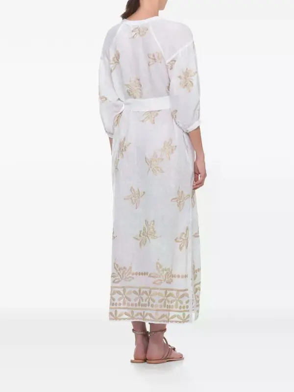 120% Lino Floral Embroidered Midi Dress