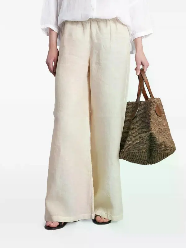 120% Lino Elasticated Waist Side Slit Palazzo Pants - Neutrals
