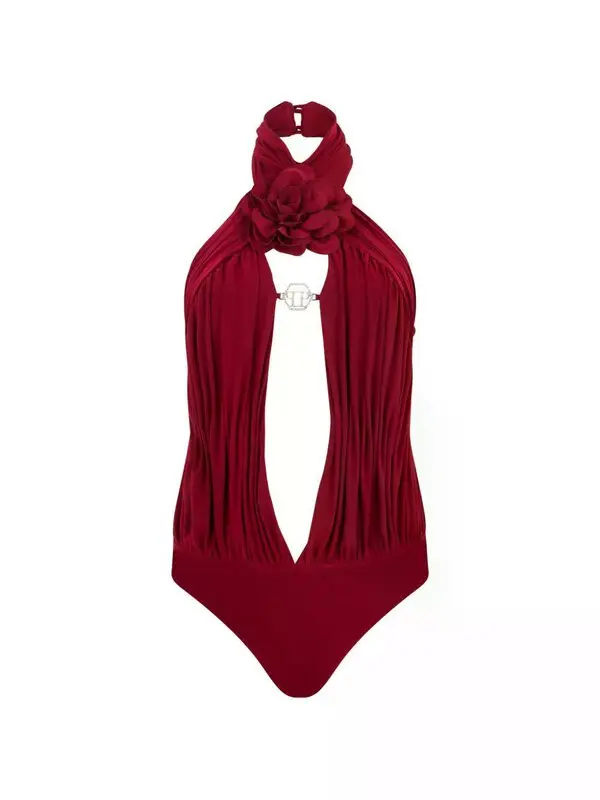 Philipp Plein Burgundy Halterneck Bodysuit With Flower Appliqué And Cut-out Detailing - Red