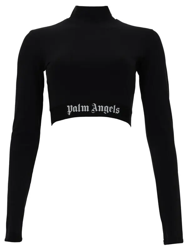 Palm Angels Cropped High Neck Long Sleeve Top With Logo Band