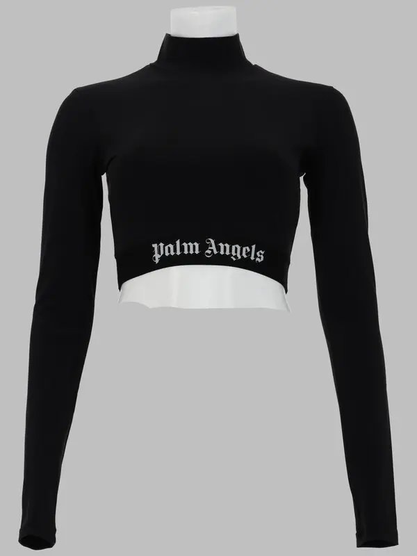 Palm Angels Cropped High Neck Long Sleeve Top With Logo Band