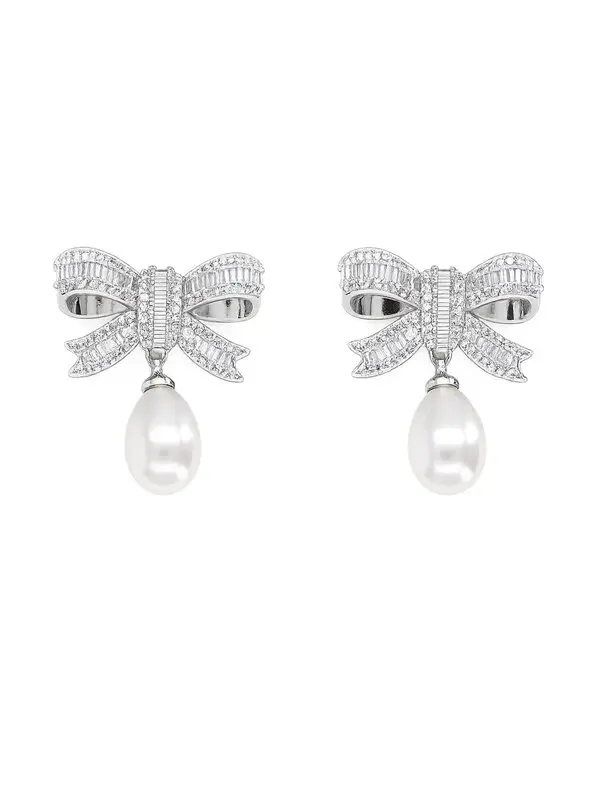 SELF-PORTRAIT Pearl And Crystal Bow Drop Earrings - Silver