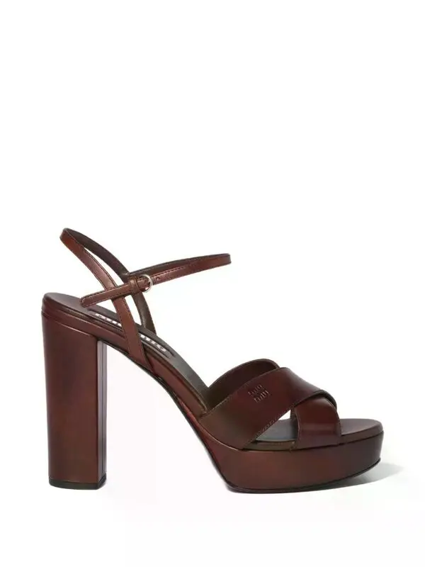 Miu Miu Leather Platform Sandals With Embossed Logo - Brown