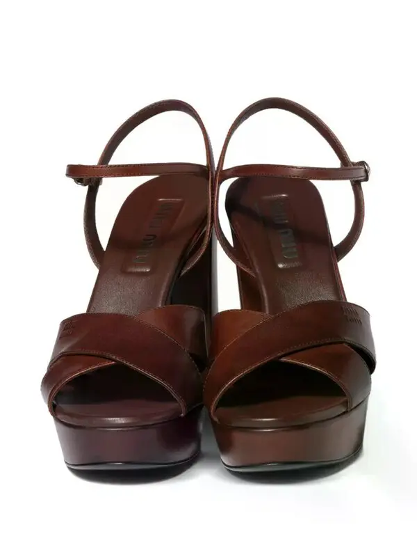 Miu Miu Leather Platform Sandals With Embossed Logo - Brown