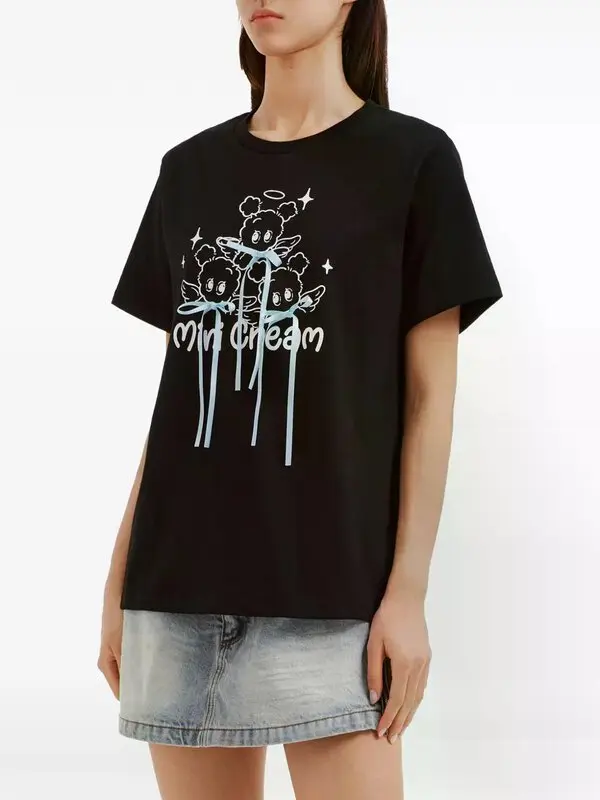 MINI CREAM Cotton Graphic Print T-shirt With Bow Detail