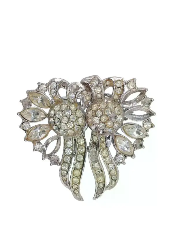 Vintage Crystal-embellished Floral-motif Brooch - Silver