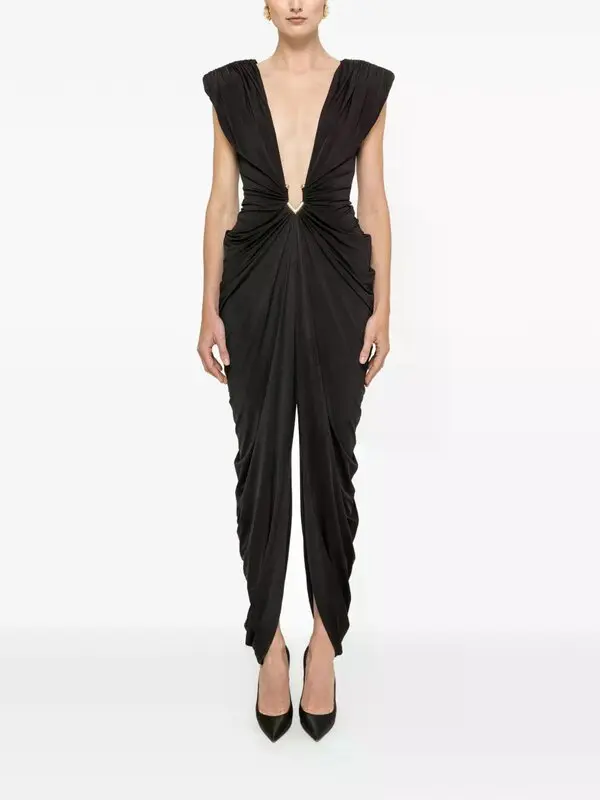 NISSA Ruched Plunge-neck Jumpsuit - Black