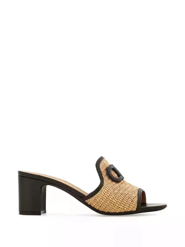 FERRAGAMO Gancini Ornament Raffia And Kidskin Slides