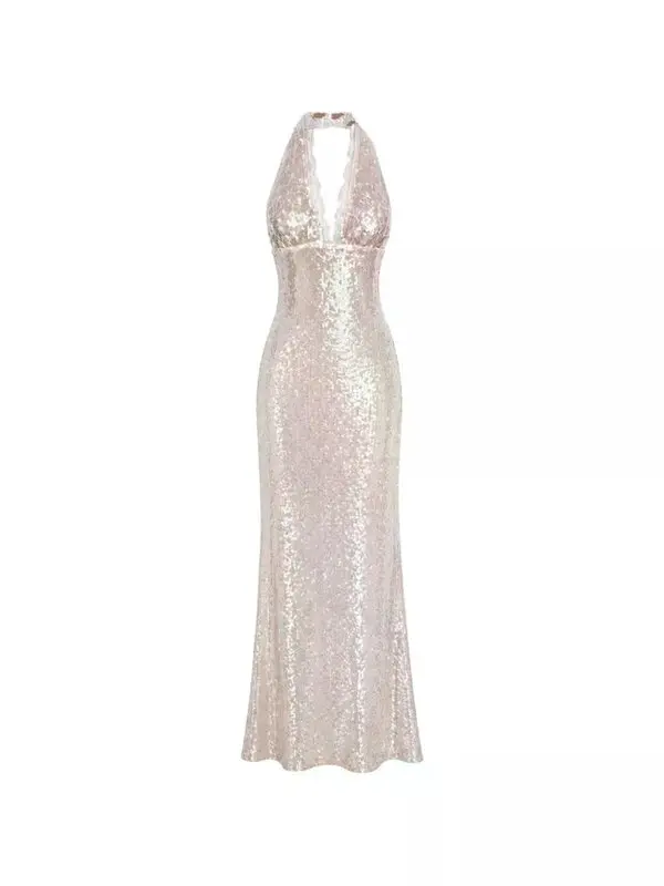 MANURI Sequin-embellished Lace-trim Halterneck Dress