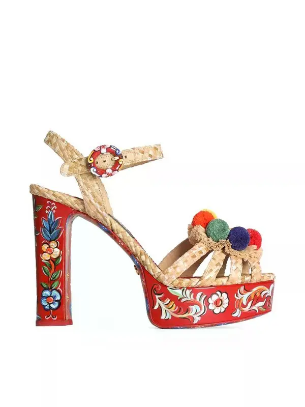 Dolce & Gabbana Raffia Platform Sandals With Floral Embroidery And Pom-poms - Neutrals