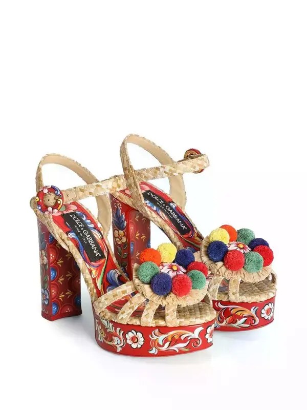 Dolce & Gabbana Raffia Platform Sandals With Floral Embroidery And Pom-poms