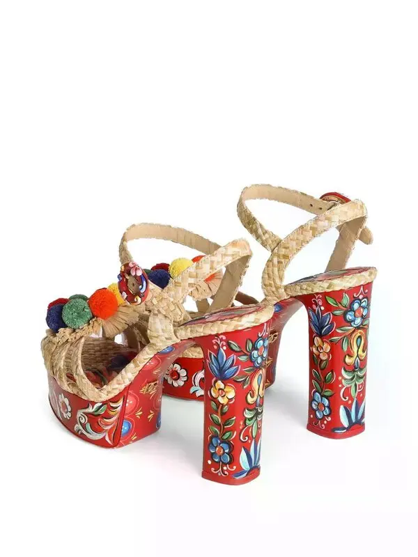 Dolce & Gabbana Raffia Platform Sandals With Floral Embroidery And Pom-poms