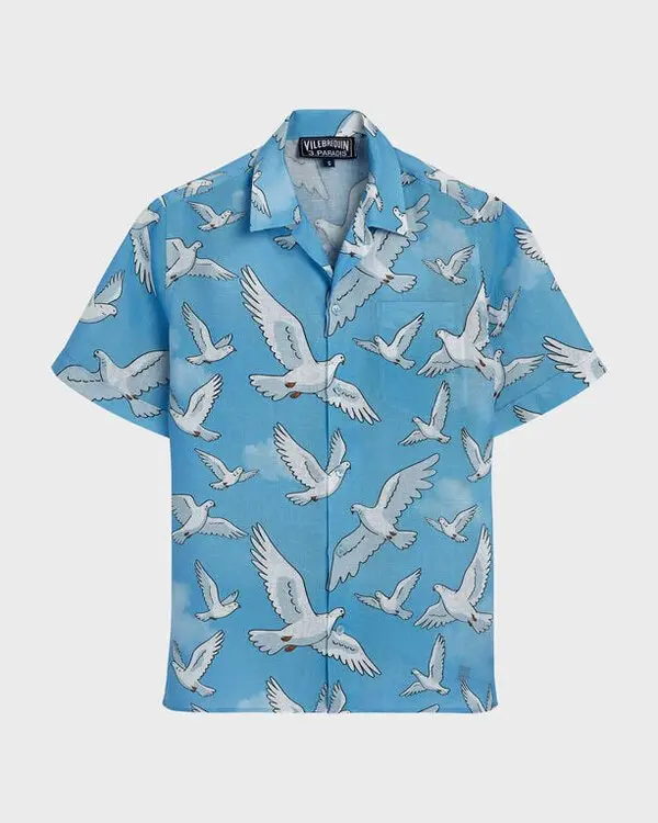 Vilebrequin Linen Bowling Shirt Doves X 3.paradis Shirt Chelly - Blue