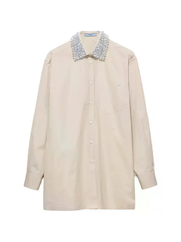 Prada Poplin Shirt With Embroidered Collar - Neutrals